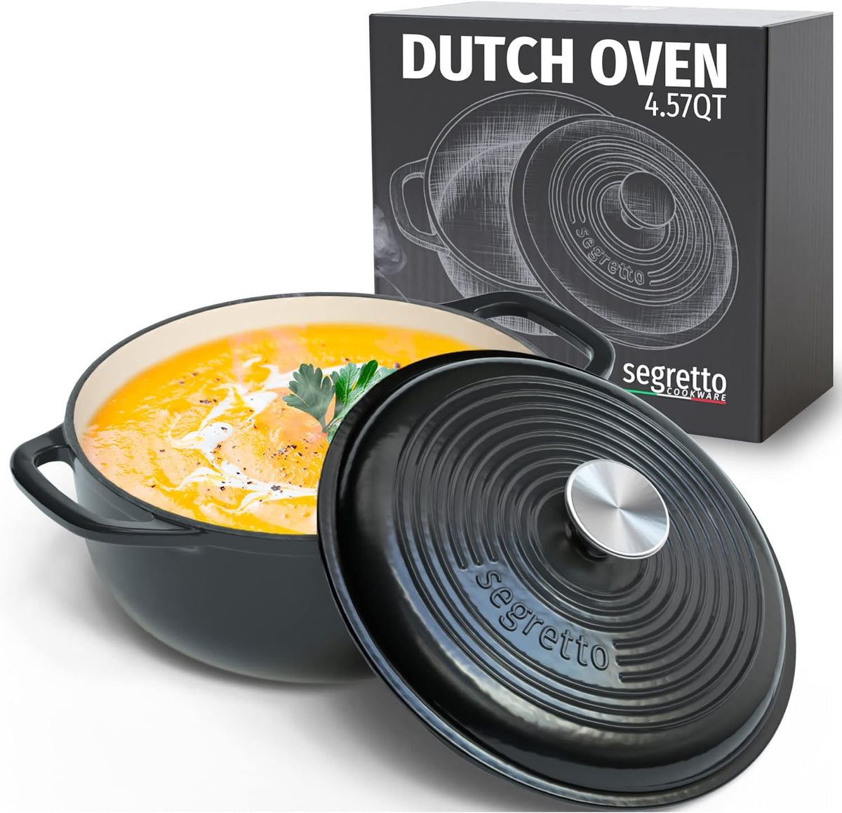 Segretto Cookware Enameled Dutch Oven | 4.57 Quarts | Nero (Black ...